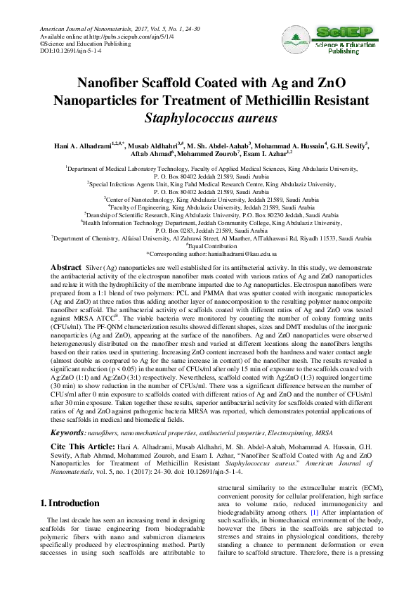 (PDF) Nanofiber Scaffold Coated with Ag and ZnO Nanoparticles for ...