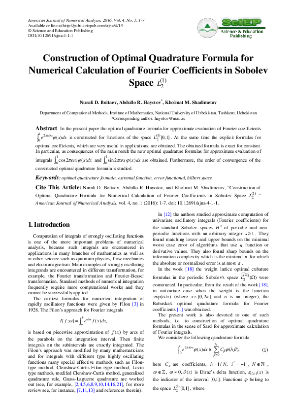 (PDF) Construction of Optimal Quadrature Formula for Numerical Calculation of Fourier ...