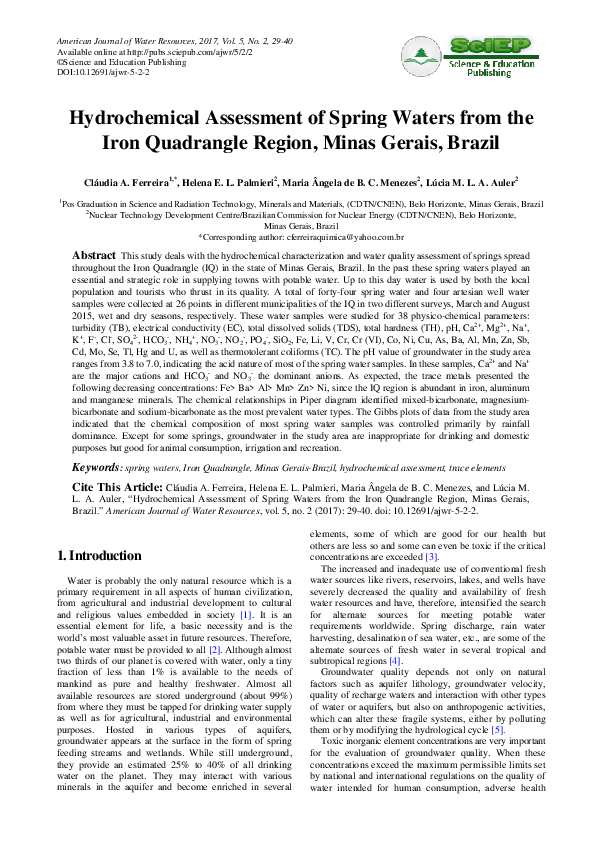 (PDF) Hydrochemical Assessment of Spring Waters from the Iron ...