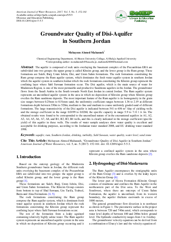 (PDF) Groundwater Quality of Disi-Aquifer in Southern Jordan