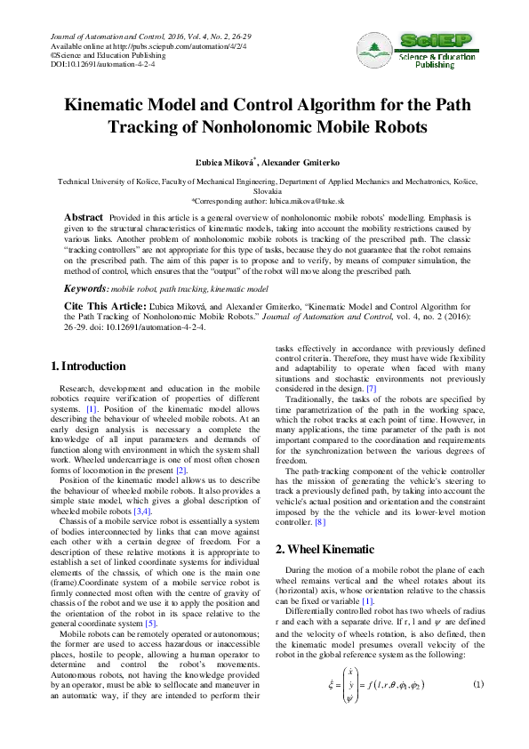 Pdf Kinematic Model And Control Algorithm For The Path Tracking Of Nonholonomic Mobile Robots