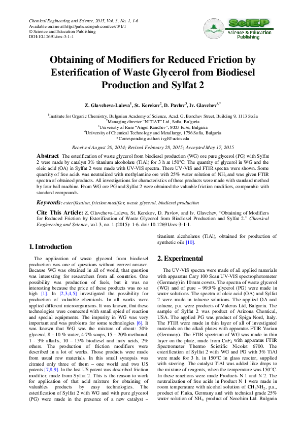 (PDF) Obtaining of Modifiers for Reduced Friction by Еsterification of ...