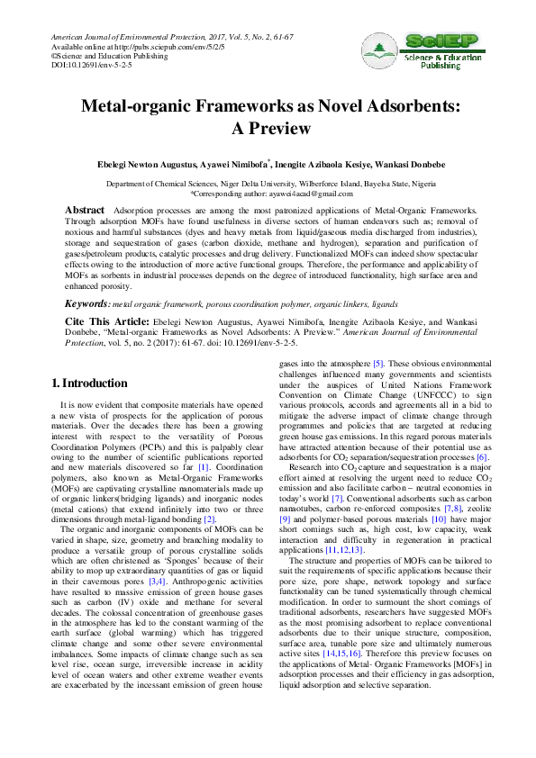 (PDF) Metal-organic Frameworks as Novel Adsorbents: A Preview (PDF) Metal-organic Frameworks as Novel Adsorbents: A Preview