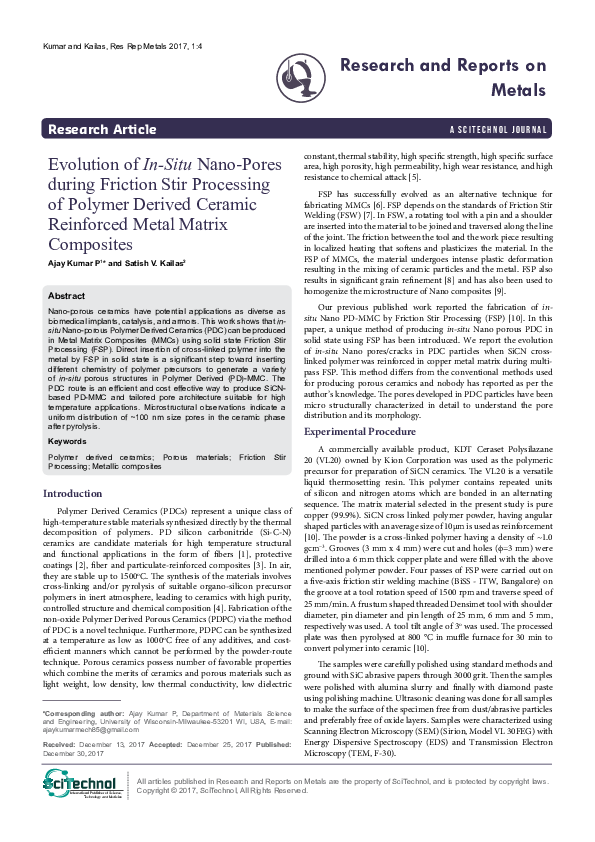 Pdf Evolution Of In Situ Nano Pores During Friction Stir Processing Of Polymer Derived Ceramic