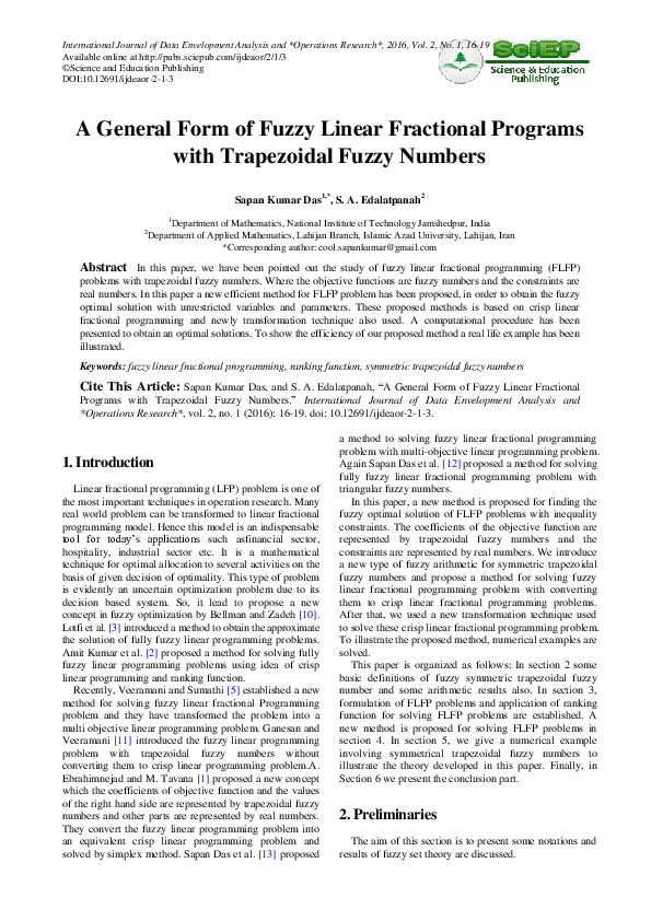 (PDF) A General Form of Fuzzy Linear Fractional Programs with Trapezoidal Fuzzy Numbers
