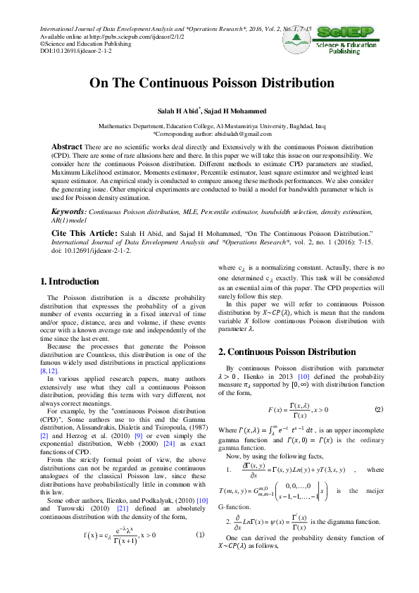 (PDF) On The Continuous Poisson Distribution