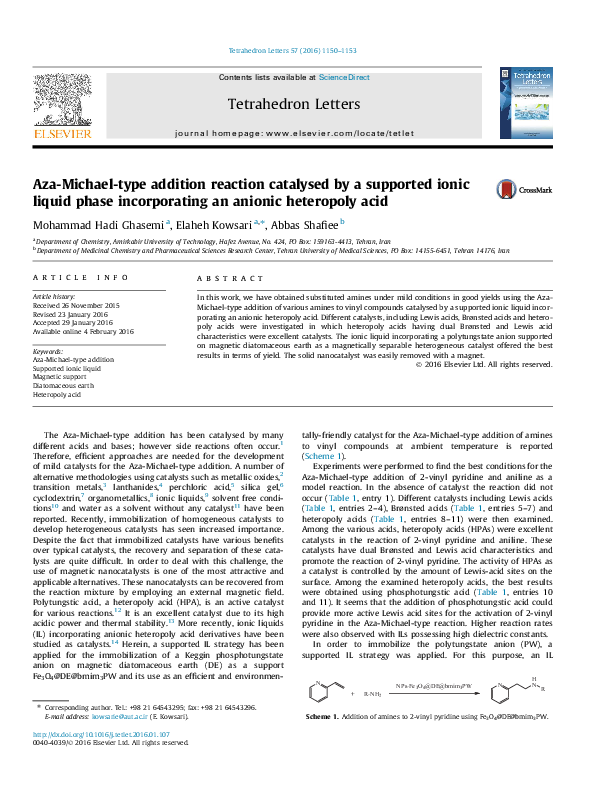 (PDF) Aza-Michael-type addition reaction catalysed by a supported ionic ...