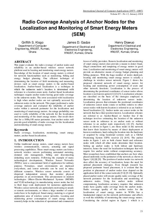 Pdf Radio Coverage Analysis Of Anchor Nodes For The Localization And Monitoring Of Smart