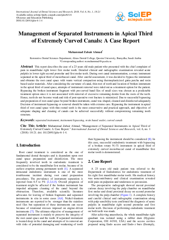 (PDF) Management of Separated Instruments in Apical Third of Extremely Curved Canals: A Case Report