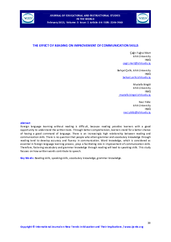 (PDF) THE EFFECT OF READING ON IMPROVEMENT OF COMMUNICATION SKILLS
