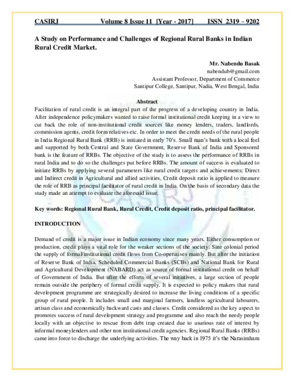 (PDF) A Study on Performance and Challenges of Regional Rural Banks in ...