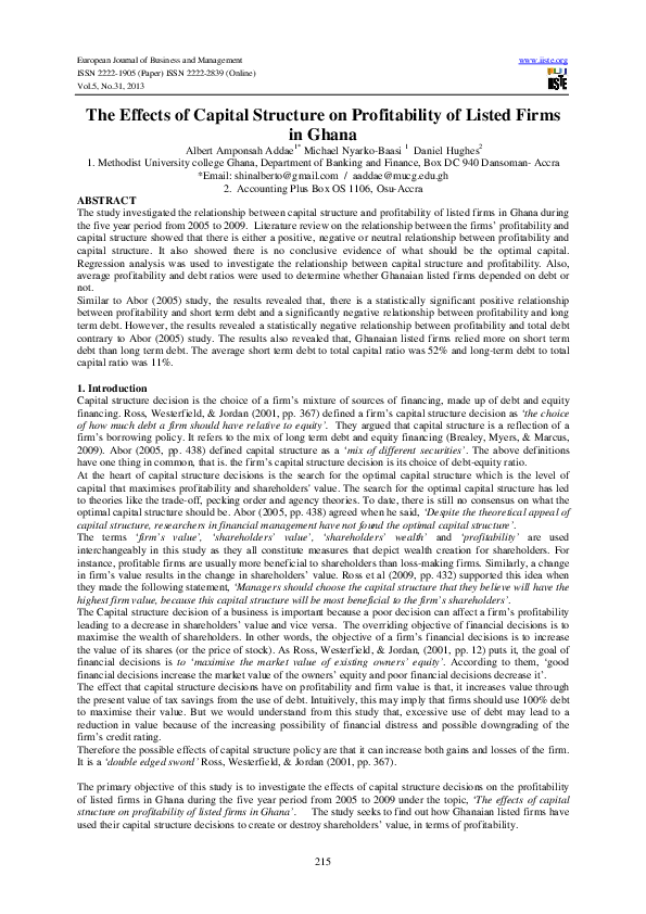(PDF) The Effects of Capital Structure on Profitability of Listed Firms in Ghana
