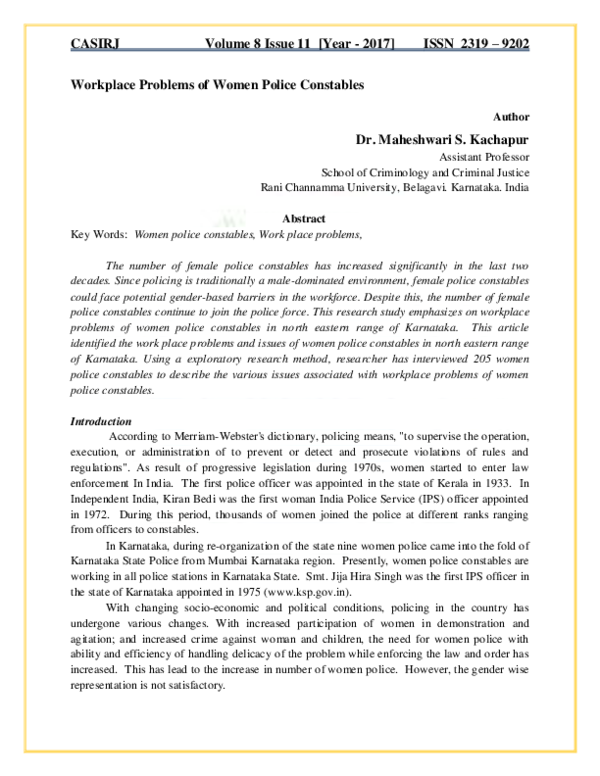 (PDF) Workplace Problems of Women Police Constables