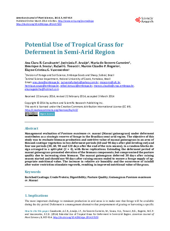 (PDF) Potential Use of Tropical Grass for Deferment in Semi-Arid Region