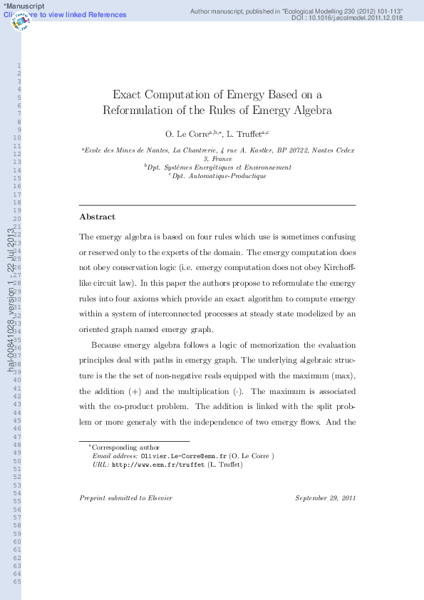 (PDF) Exact Computation of Emergy Based on a Reformulation of the Rules of Emergy Algebra ...