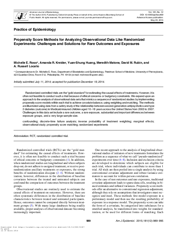 (PDF) Propensity Score Methods for Analyzing Observational Data Like Randomized Experiments ...