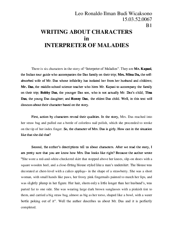 (DOC) WRITING ABOUT CHARACTERS in INTERPRETER OF MALADIES