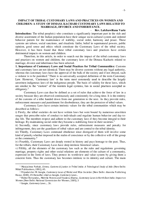 (DOC) IMPACT OF TRIBAL CUSTOMARY LAWS AND PRACTICES ON WOMEN AND CHILDREN: A STUDY OF DIMASA ...