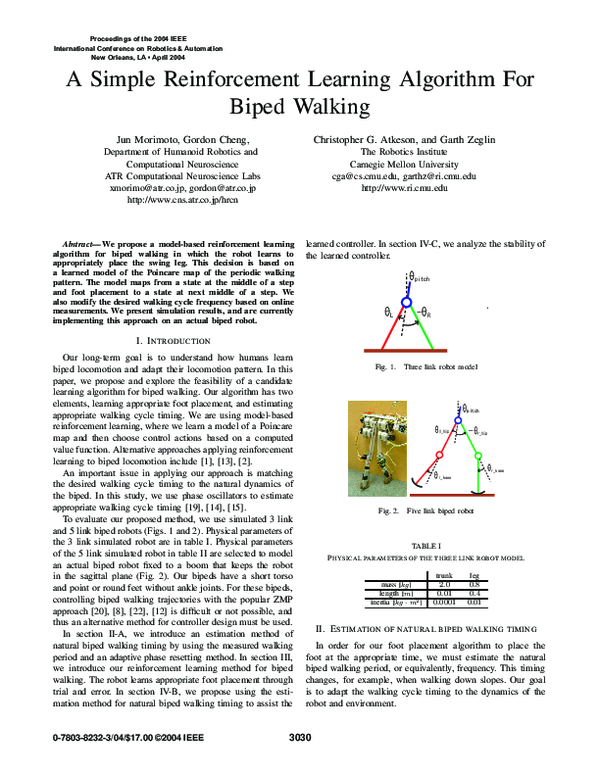 (PDF) A simple reinforcement learning algorithm for biped walking