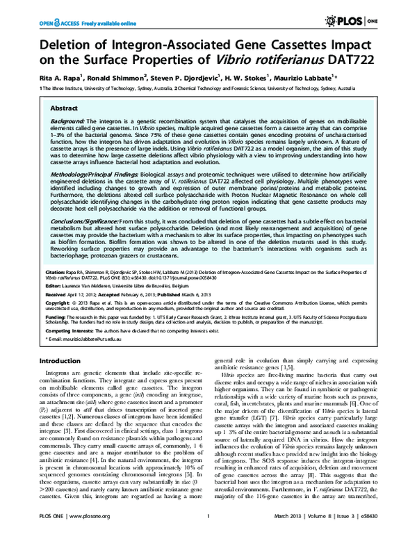 (PDF) Deletion of Integron-Associated Gene Cassettes Impact on the ...