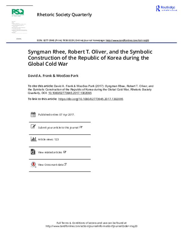 (PDF) (2017) Syngman Rhee, Robert T. Oliver, and the Symbolic ...