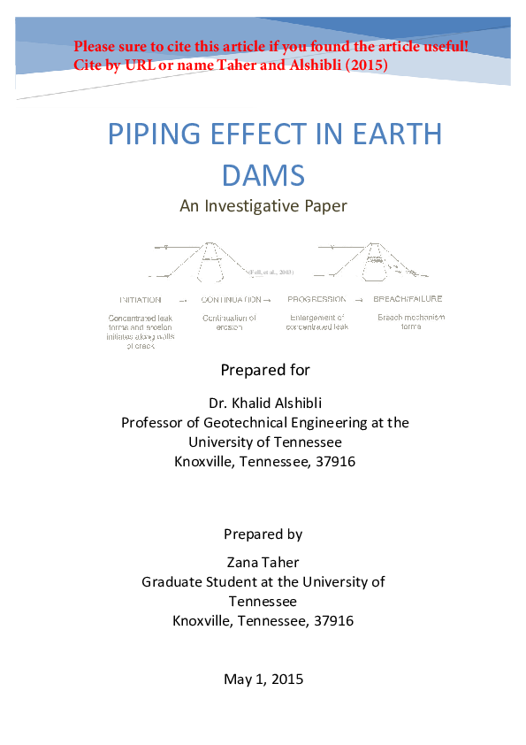 (PDF) PIPING EFFECT IN EARTH DAMS An Investigative Paper Prepared by