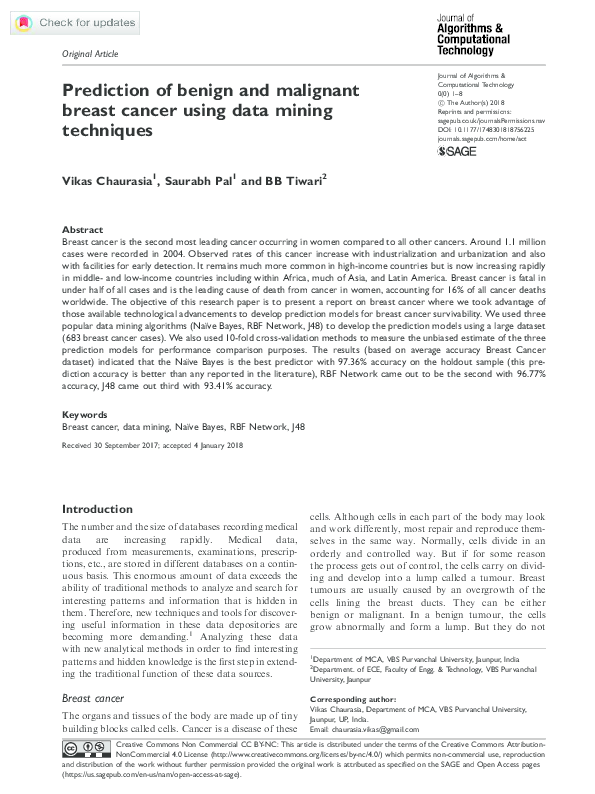 Pdf Prediction Of Benign And Malignant Breast Cancer Using Data