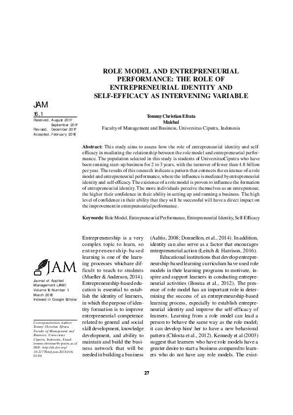 (PDF) Role Model and Entrepreneurial Performance: The Role of Entrepreneurial Identity and Self ...