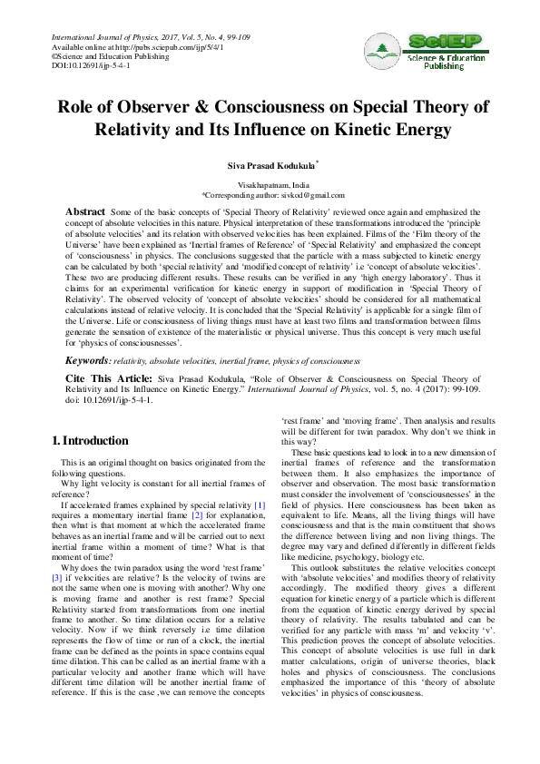 (PDF) Role of Observer & Consciousness on Special Theory of Relativity ...