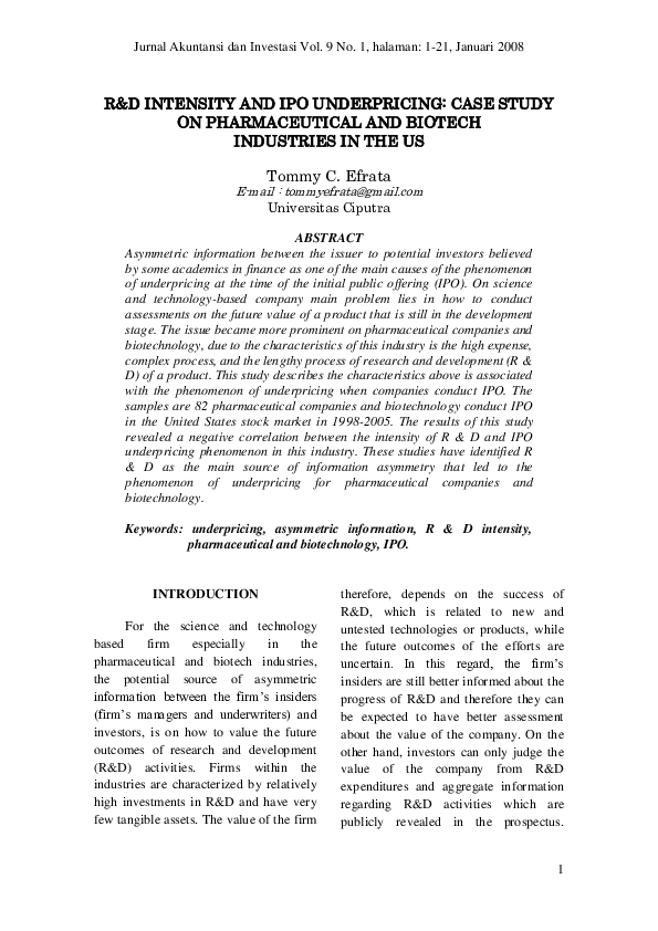 (PDF) R&D Intensity and IPO Underpricing: Case Study on Pharmaceutical and Biotech Industries In ...