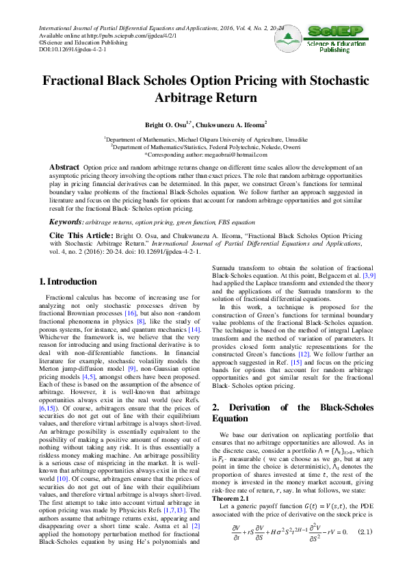 (PDF) Fractional Black Scholes Option Pricing with Stochastic Arbitrage ... (PDF) Fractional Black Scholes Option Pricing with Stochastic Arbitrage ...