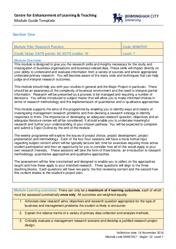 (PDF) Centre for Enhancement of Learning & Teaching Module Guide Template
