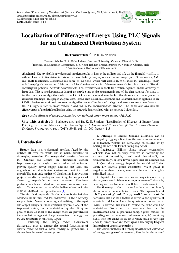 (PDF) Localization of Pilferage of Energy Using PLC Signals for an Unbalanced Distribution System