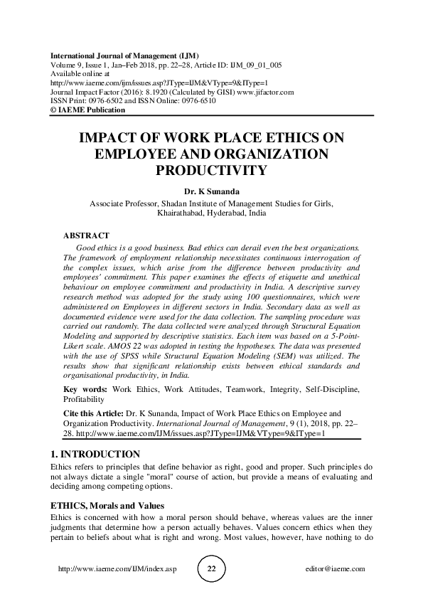 (PDF) IMPACT OF WORK PLACE ETHICS ON EMPLOYEE AND ORGANIZATION PRODUCTIVITY