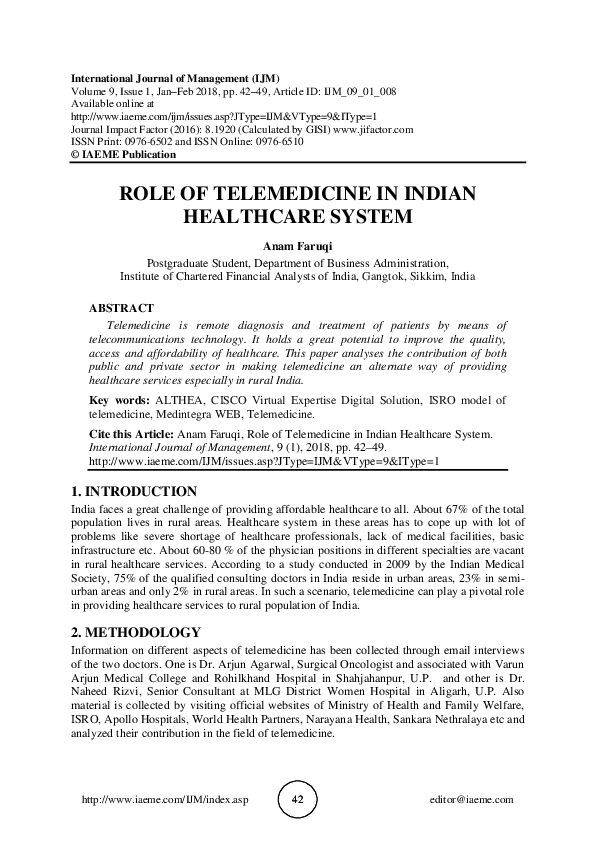 (PDF) ROLE OF TELEMEDICINE IN INDIAN HEALTHCARE SYSTEM