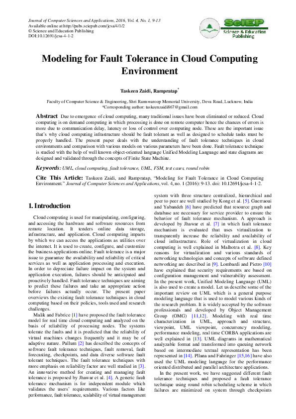 Pdf Modeling For Fault Tolerance In Cloud Computing Environment
