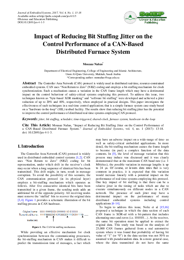 (PDF) Impact of Reducing Bit Stuffing Jitter on the Control Performance of a CAN-Based ...