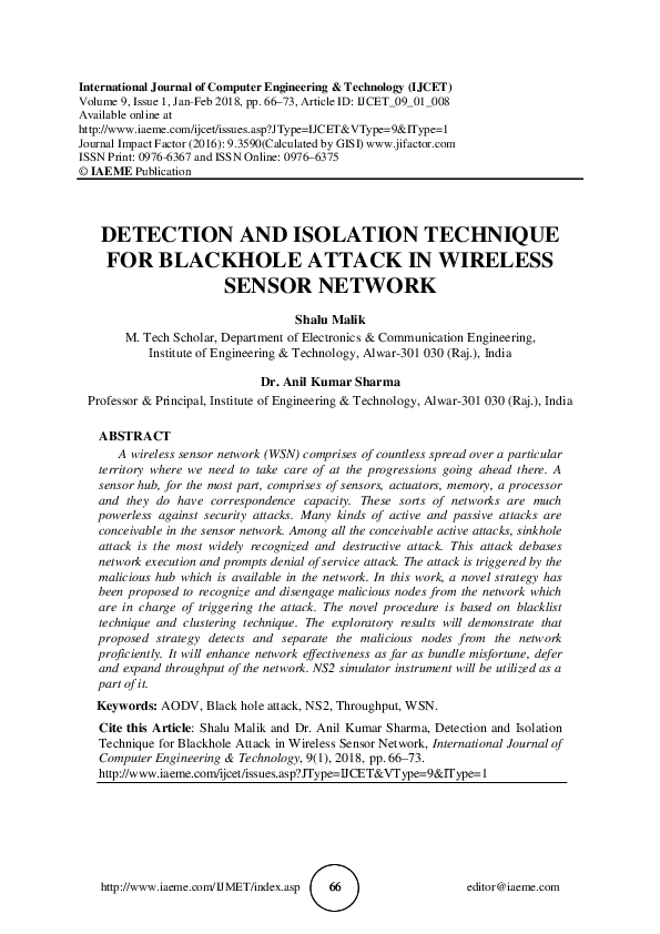 Pdf Detection And Isolation Technique For Blackhole Attack In Wireless Sensor Network