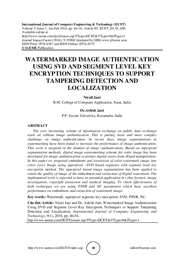 (PDF) WATERMARKED IMAGE AUTHENTICATION USING SVD AND SEGMENT LEVEL KEY ENCRYPTION TECHNIQUES TO ...