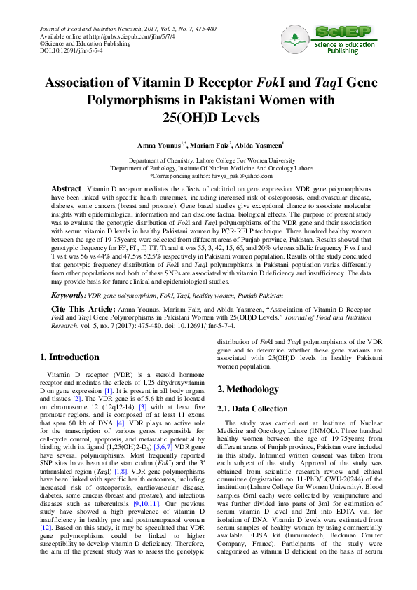 (PDF) Association of Vitamin D Receptor FokI and TaqI Gene Polymorphisms in Pakistani Women with ...
