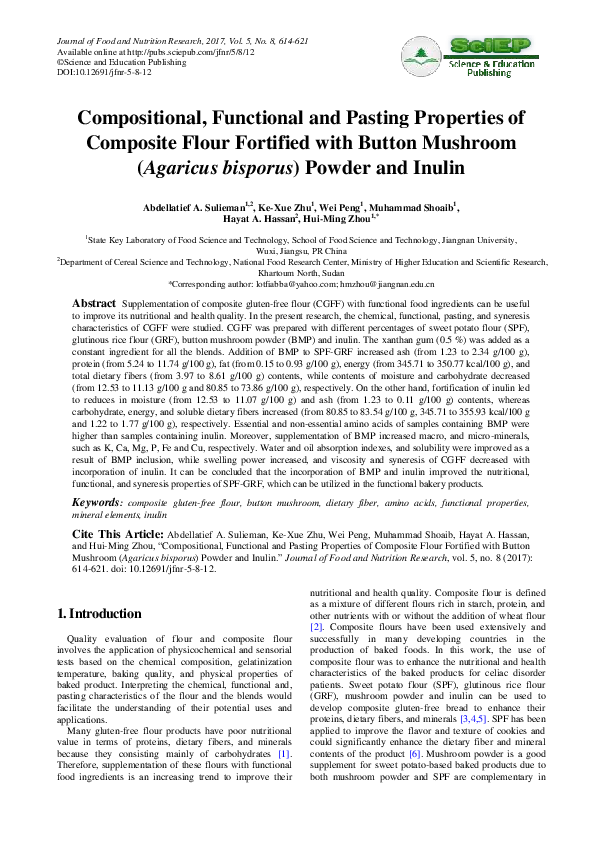 (PDF) Compositional, Functional and Pasting Properties of Composite Flour Fortified with Button ...