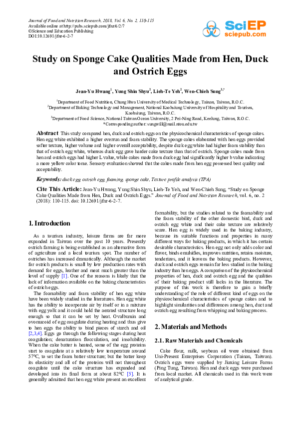 (PDF) Study on Sponge Cake Qualities Made from Hen, Duck and Ostrich Eggs