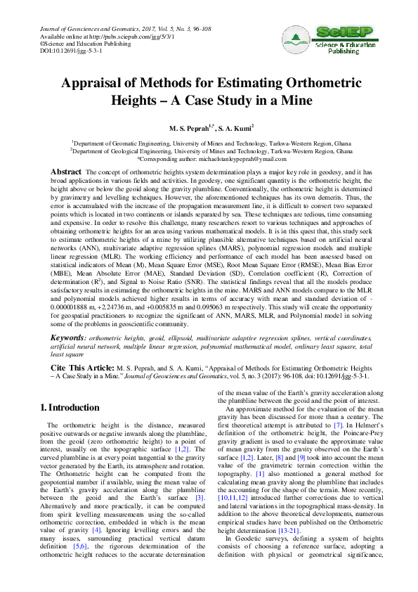 (PDF) Appraisal of Methods for Estimating Orthometric Heights – A Case Study in a Mine | sciepub ...