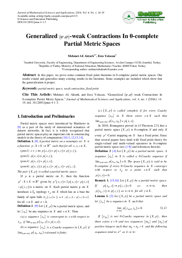 (PDF) Generalized ( ) , ψ ϕ -weak Contractions In 0-complete Partial Metric Spaces | sciepub.com ...