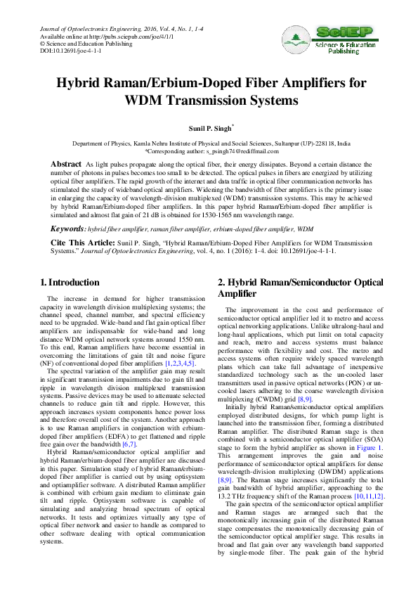 (PDF) Hybrid Raman/Erbium-Doped Fiber Amplifiers for WDM Transmission Systems