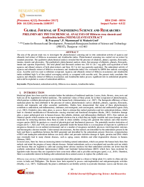 (PDF) PRELIMINARY PHYTOCHEMICAL ANALYSIS OF Hibiscus rosa sinensis and ...