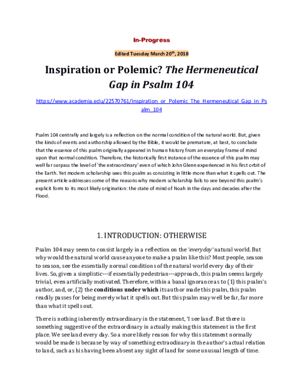 (DOC) Inspiration or Polemic? The Hermeneutical Gap in Psalm 104