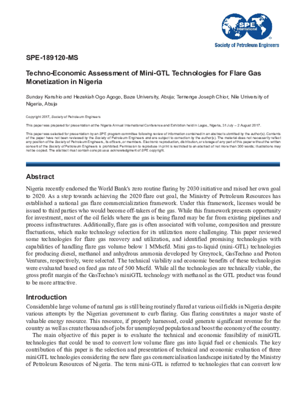 (PDF) Techno-Economic Assessment of Mini-GTL Technologies for Flare Gas ...