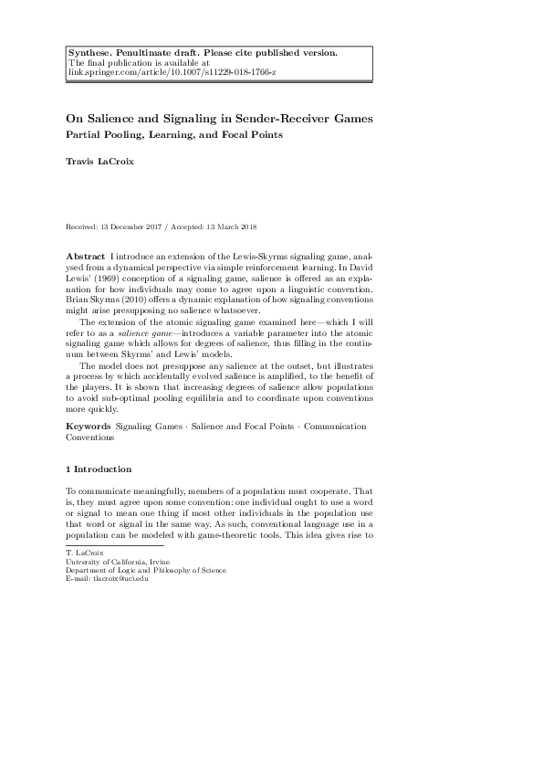 (PDF) On Salience and Signaling in Sender-Receiver Games Partial ...