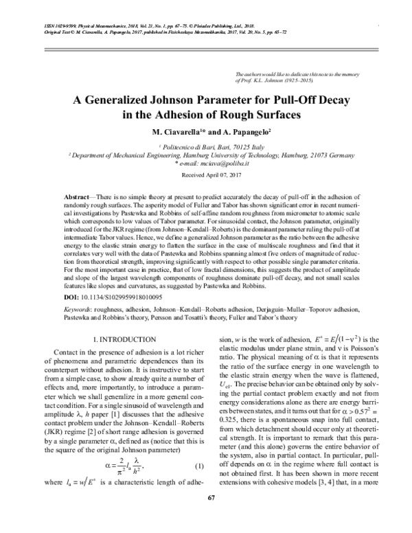 (PDF) Ciavarella Papangelo 2017 - A generalized Johnson parameter for pull-off decay in the ...